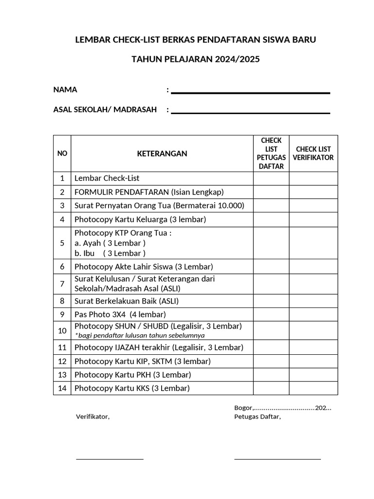 Lembar Check-List Berkas PSB-PPDB 2024-2025 - A4 | PDF