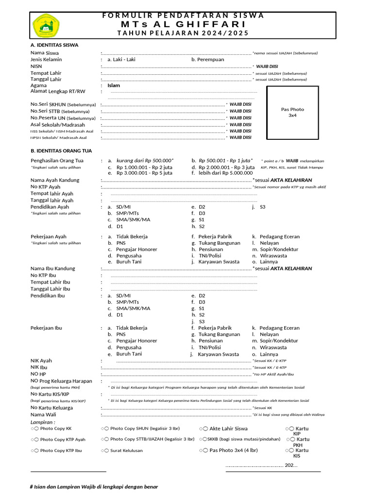 Form Psb-ppdb Al Ghiffari Mts 2024-2025 - Folio | PDF