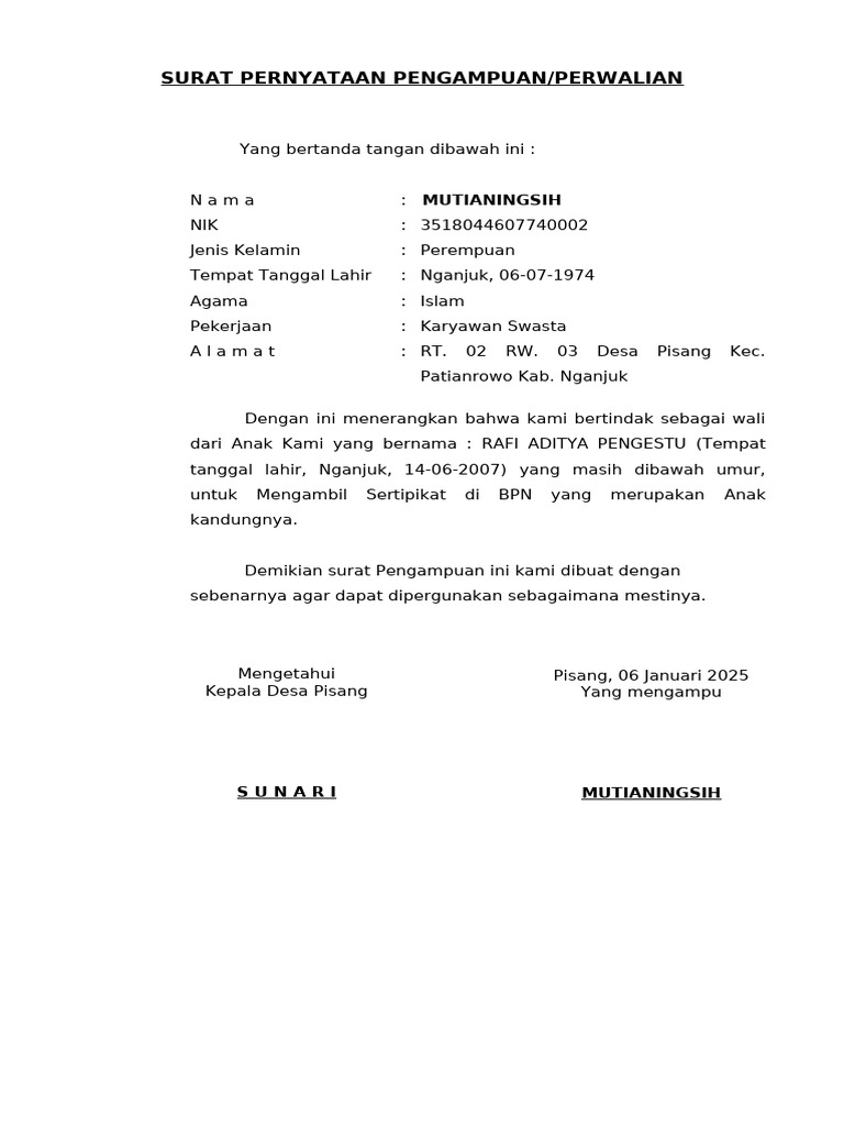 SURAT PERNYATAAN WALI PENGAMPUAN_RAFI ADITYA | PDF