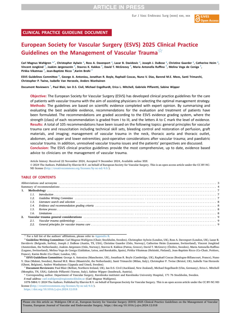 ESVS 2025 Guidelines on the Management of Vascular Trauma | PDF | Medical Specialties | Clinical ...