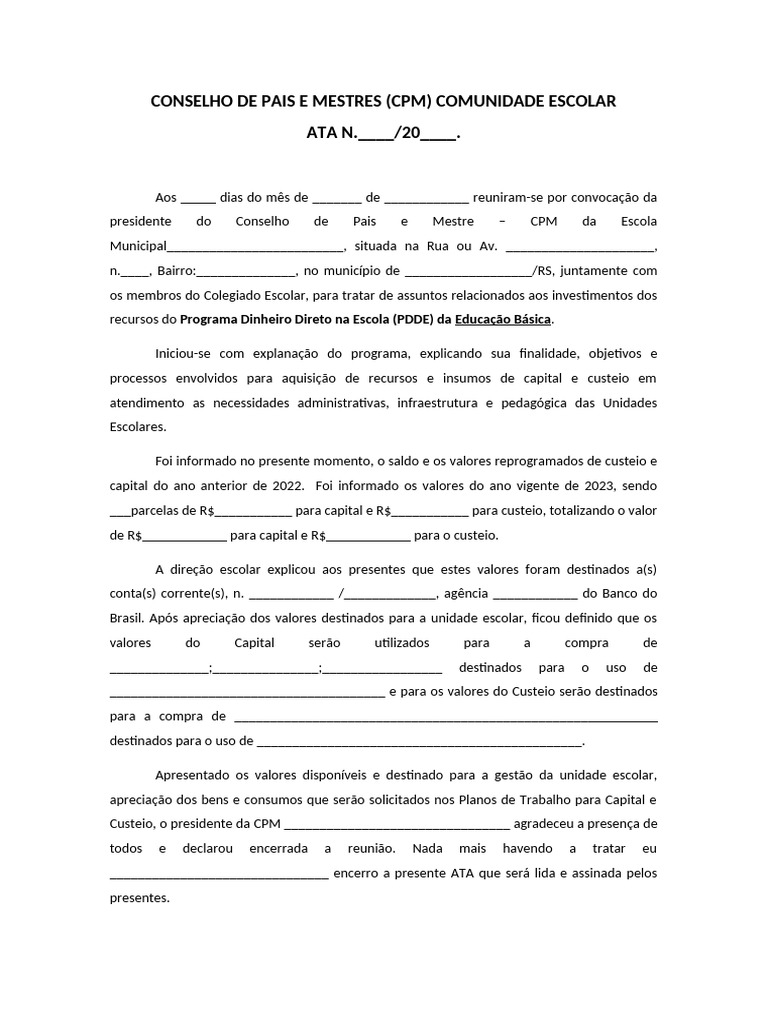 Modelo de ATA PDDE BASICO | PDF