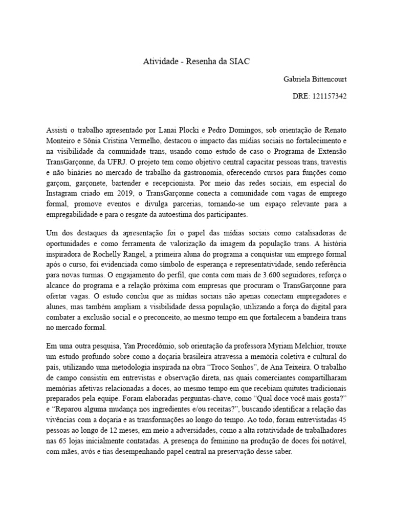 Atividade - Resenha Da SIAC | PDF