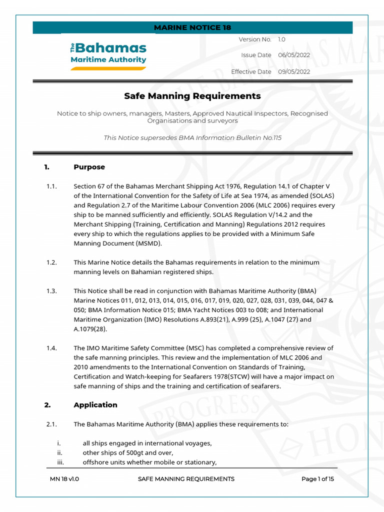MN018-Safe-Manning-Requirements-v1.0 | PDF | Water Transport | Shipping