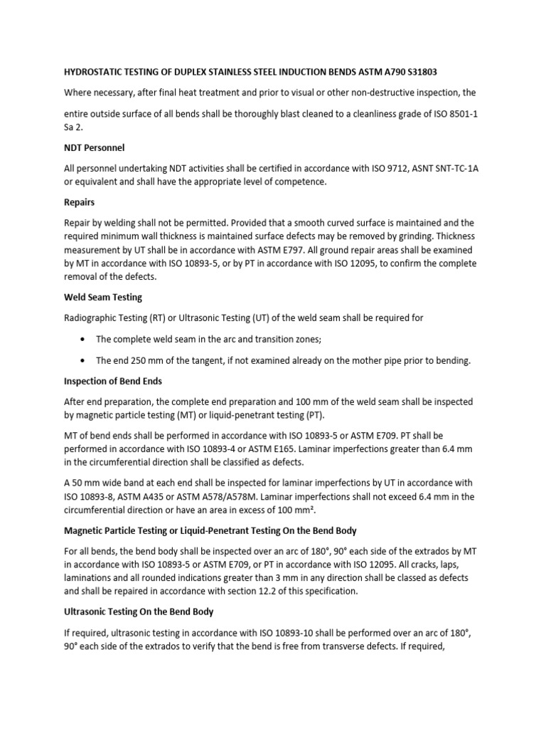 Hydrostatic Testing of Duplex Stainless Steel Induction Bends Astm A790 ...