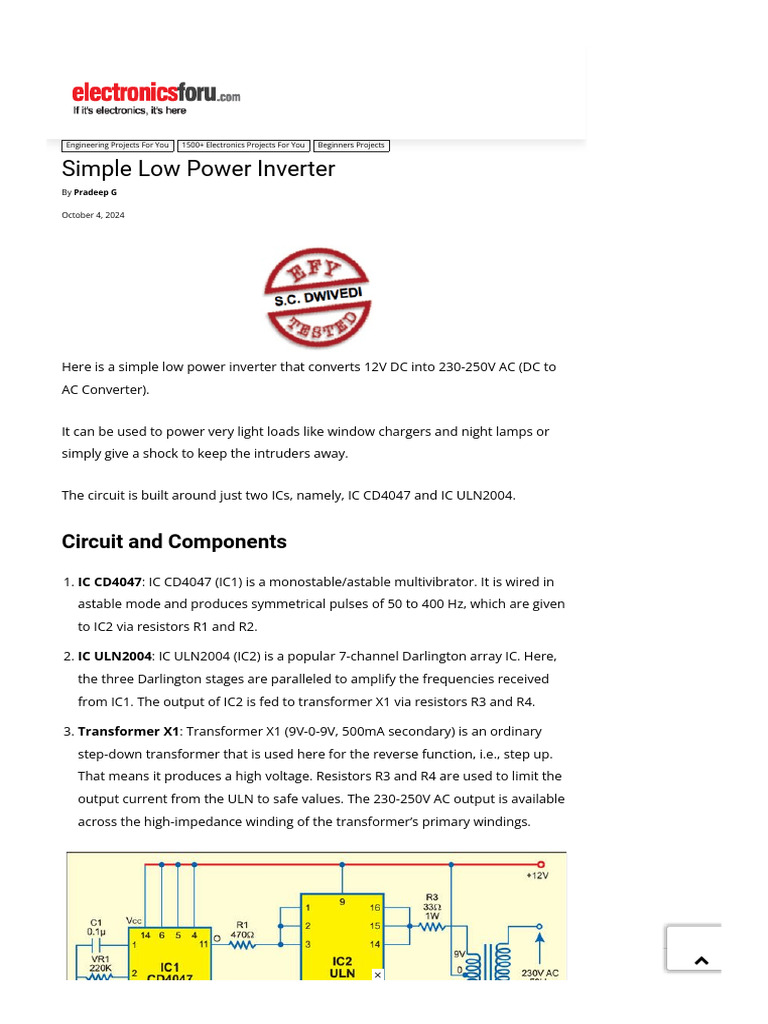 Simple Low Power Inverter Circuit - DC to AC Converter | PDF | Power ...