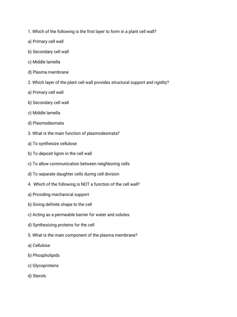 Plant Cell Wall and Plasma Membrane Quiz | PDF