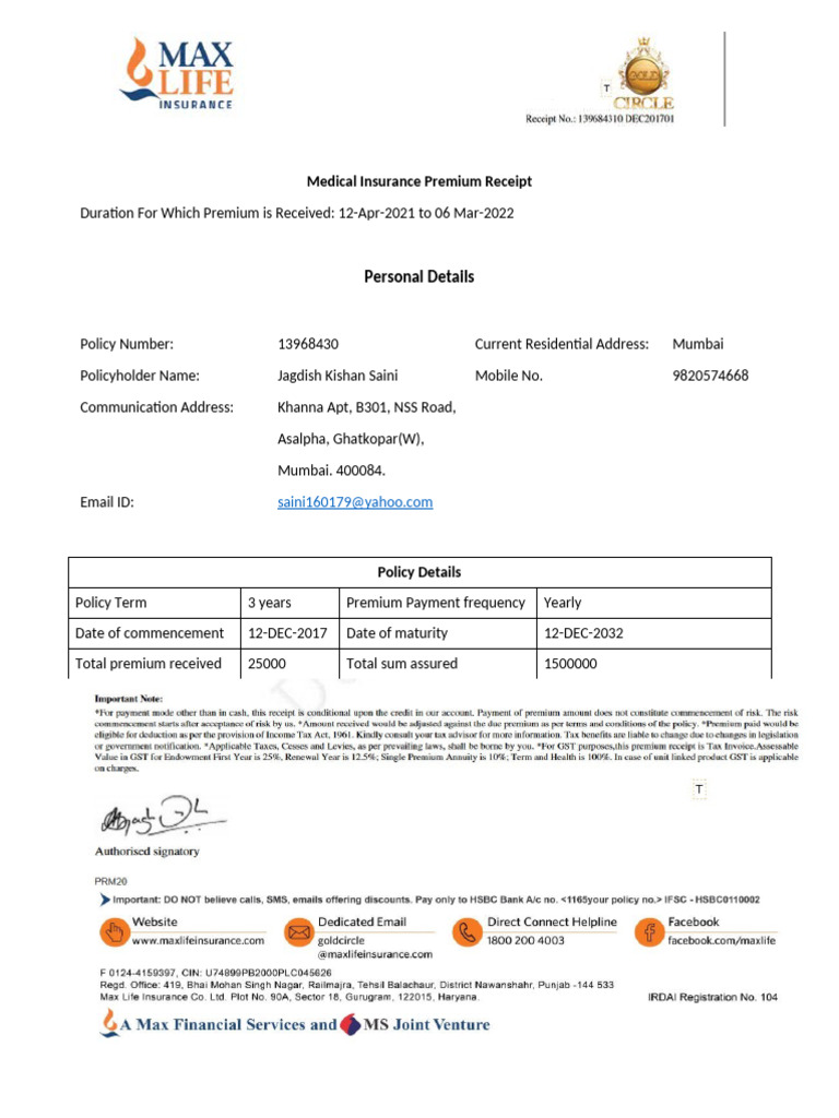 80D Medical Premium Receipt Self | PDF