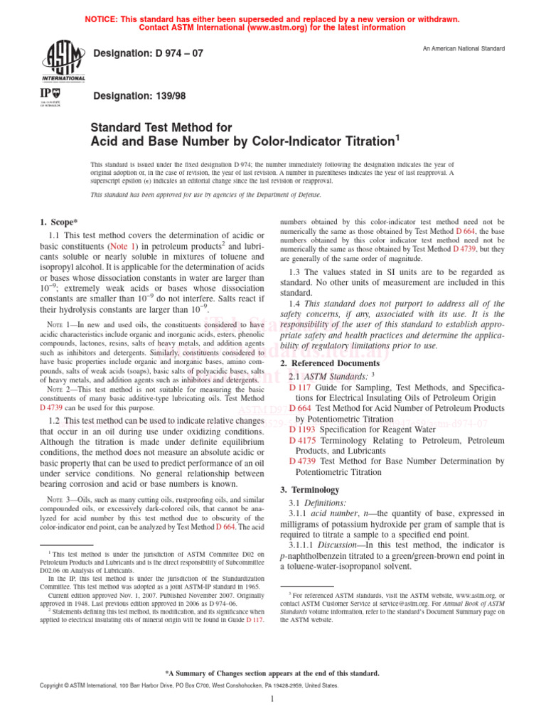 ASTM-D974-07 | PDF | Titration | Chemistry