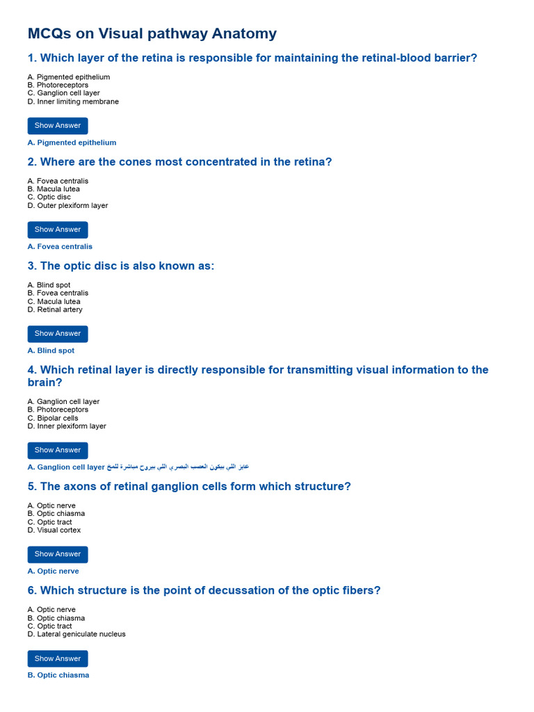 Visual Pathway Mcq PDF | PDF | Visual System | Retina