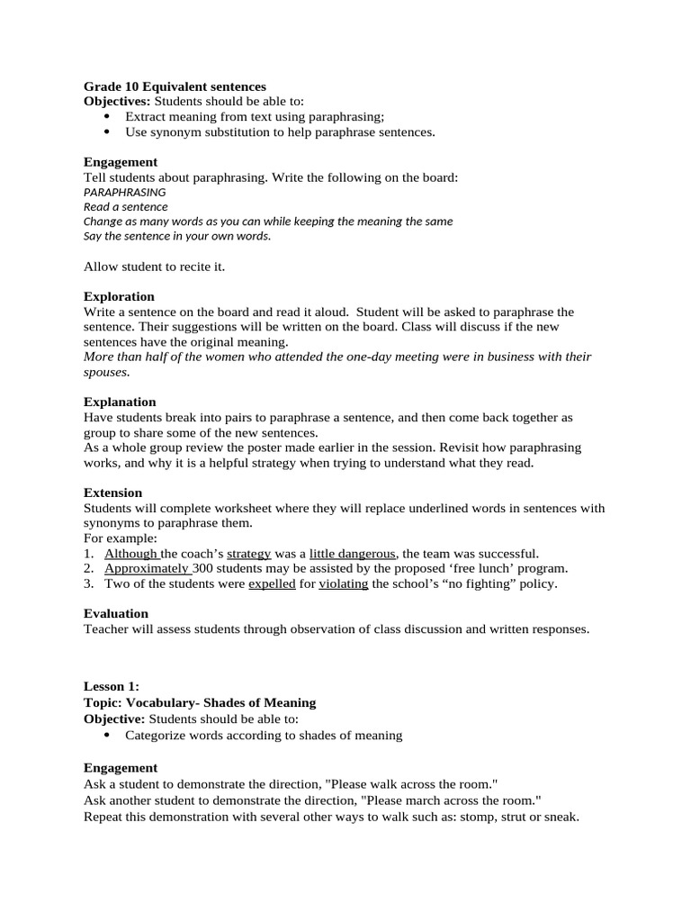 Grade 10 Equivalent Sentences | PDF | Noun | Part Of Speech
