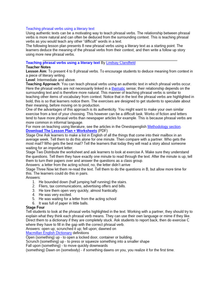 Teaching Phrasal Verbs Using A Literary Text | PDF | Lesson Plan ...