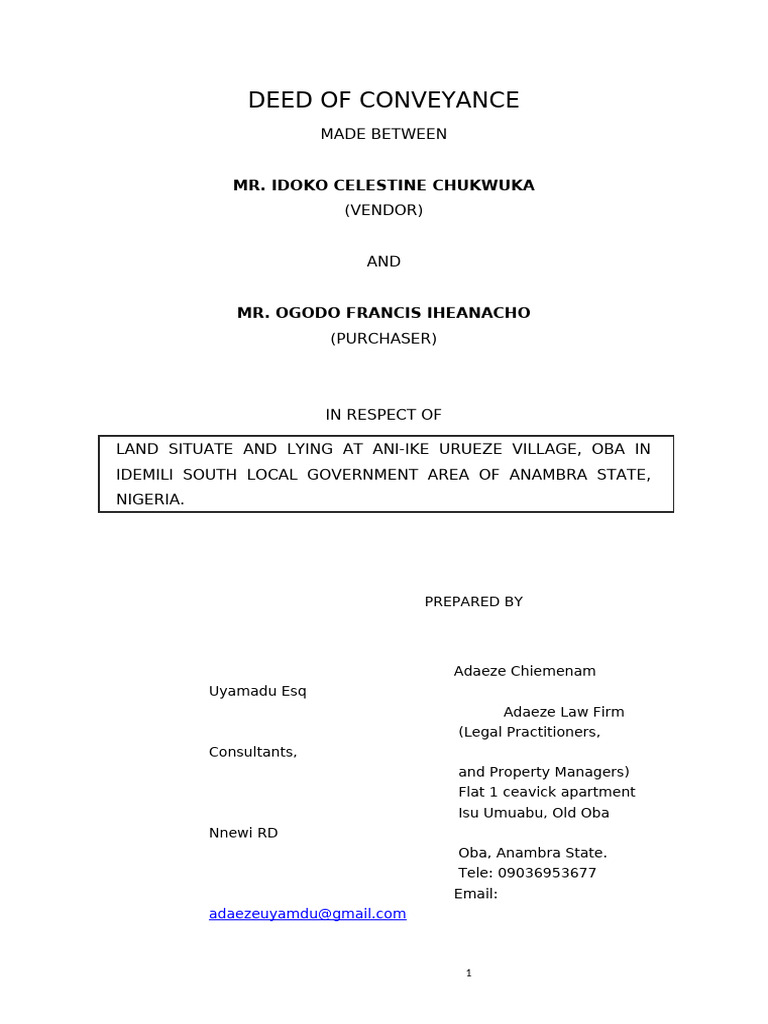 Land Conveyance Deed in Anambra, Nigeria | PDF | Covenant (Law) | Justice
