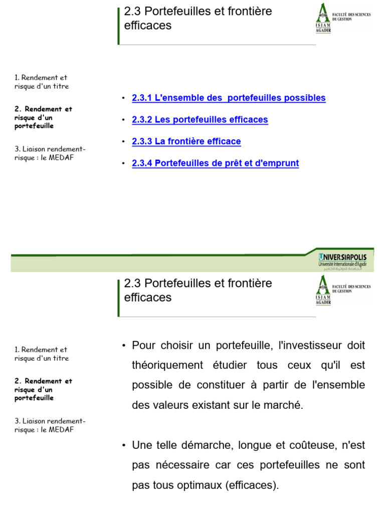 Portefeuilles Efficaces et Frontière | PDF | Modèle d'évaluation des ...