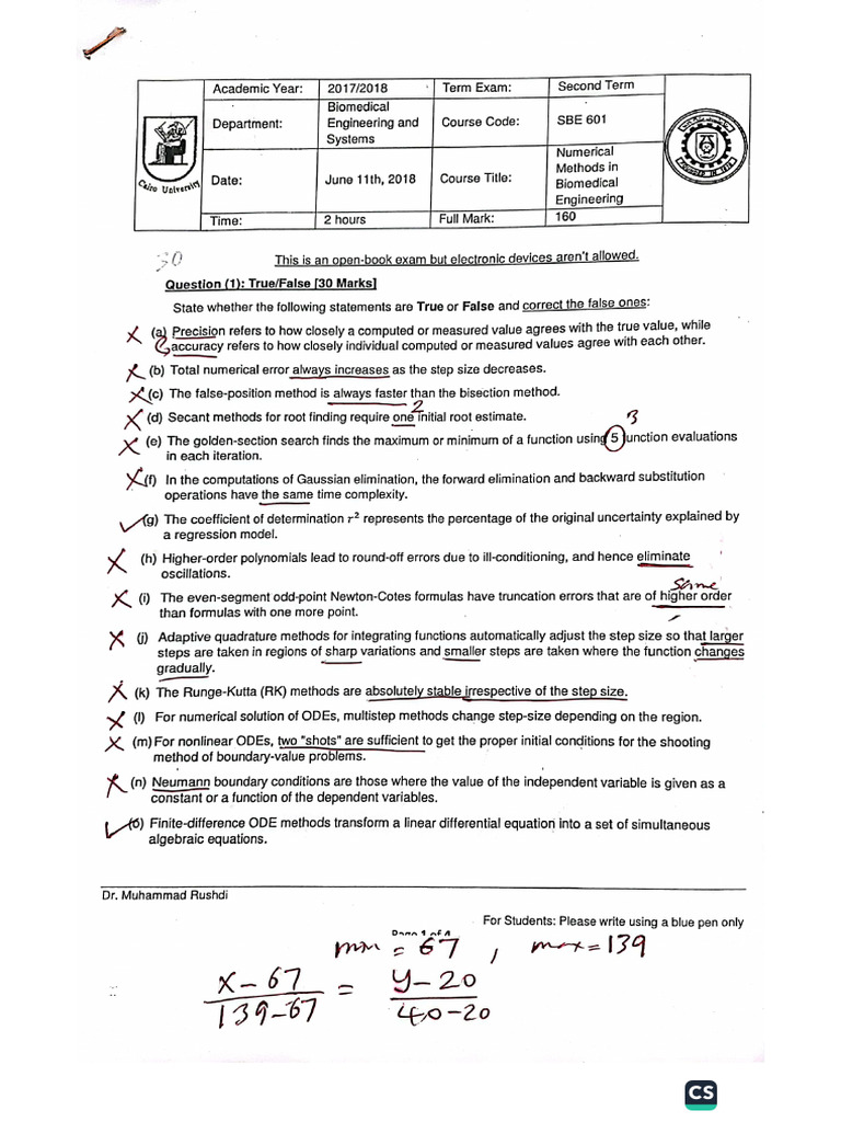 Complete Solutions Final Exam SBE 601 Spring 2018 | PDF