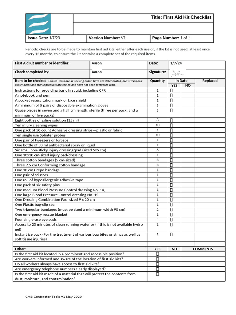 First Aid Kit Maintenance Checklist | PDF | First Aid