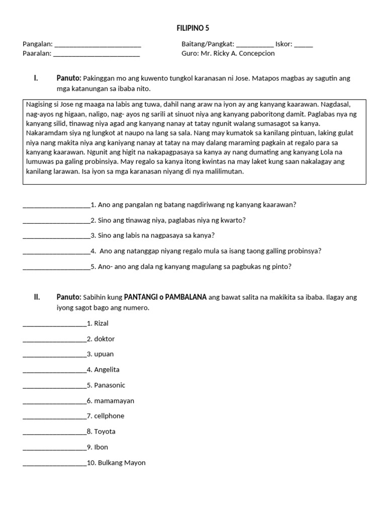 Filipino Worksheet 15 | PDF