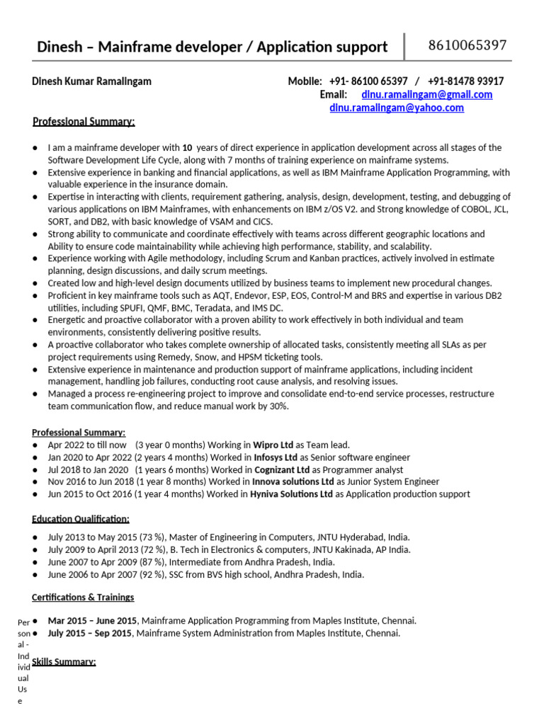 Mainframe Developer Resume - Dinesh Kumar | PDF | Ibm Db2 | Computing