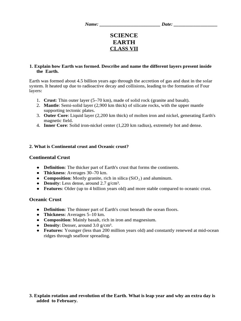 Science Earth Question Ws Class 7 January 2025 Shaheen | PDF | Earth | Crust (Geology)