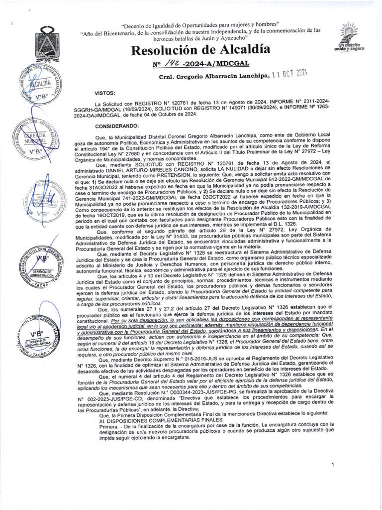 Resolucion de Alcadia N 142 2024 | PDF | Ciencias Políticas | Justicia