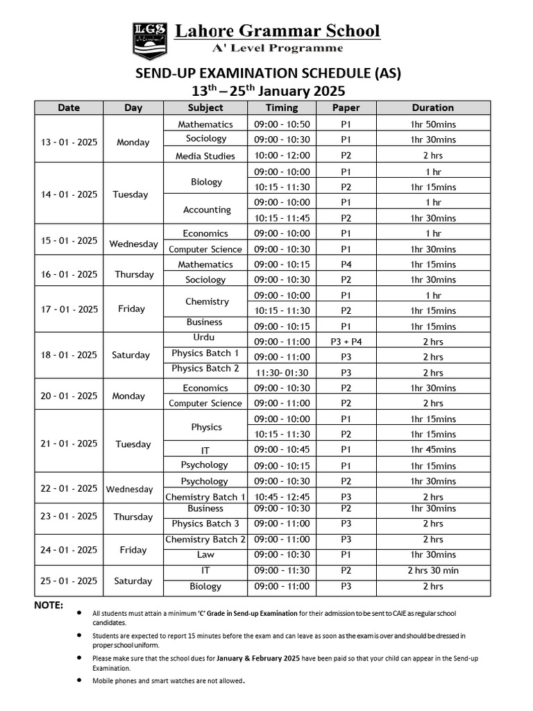 Datesheet Send-Up January 2025 AS-1 | PDF