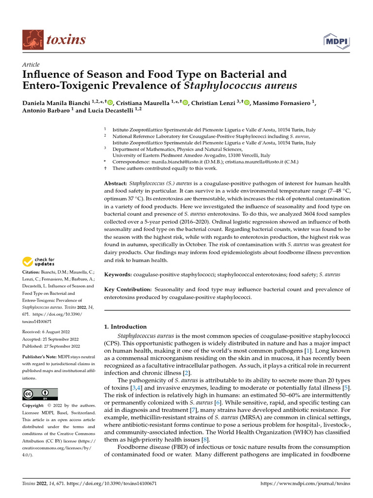 2022 Bianchi Et Al, Stagionalità Stafilo TOXINS | PDF | Staphylococcus ...