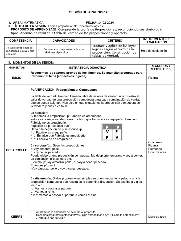 5to Grado Plantilla Sesión Algebra 15-03-24 | PDF | Proposición | Verdad