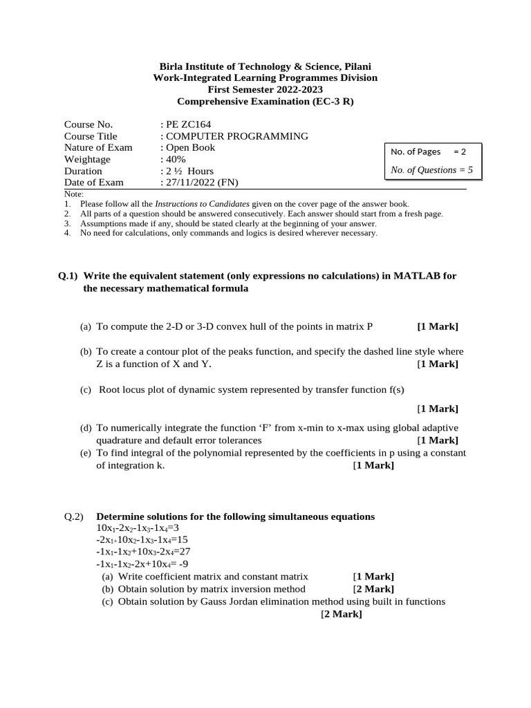 PE ZC164 EC-3R FIRST SEM 2022-2023 | PDF | Matrix (Mathematics) | Function (Mathematics)