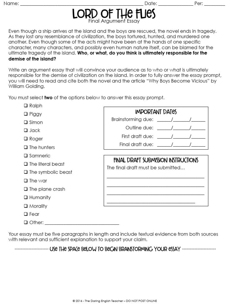 LOTF Final Essay Assignment Sheet | PDF