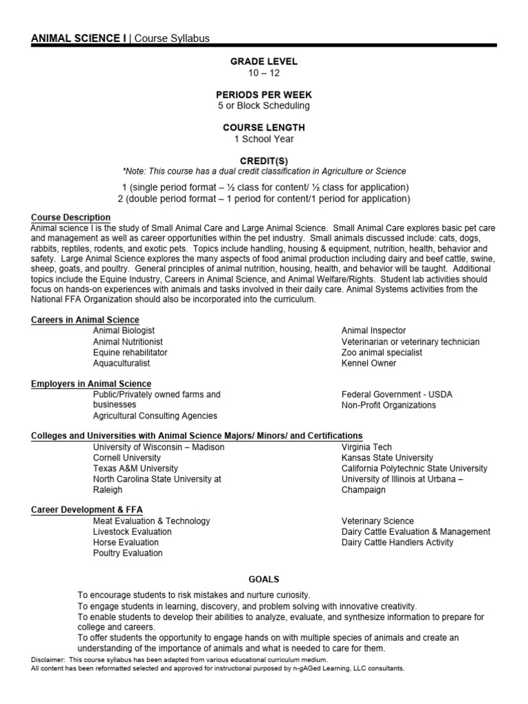 Animal Science I Course Syllabus | PDF | Pet | Domesticated Animals