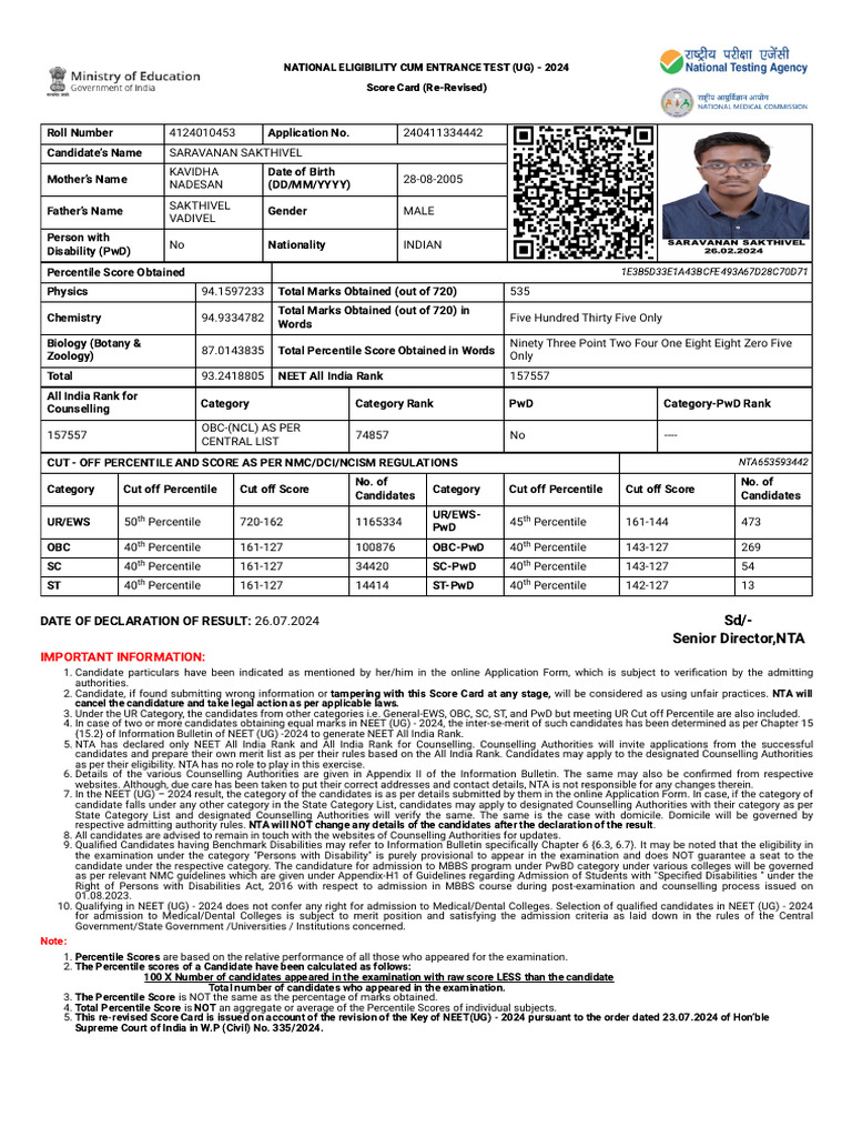 NEET UG 2024 Re-Revised Score Card | PDF