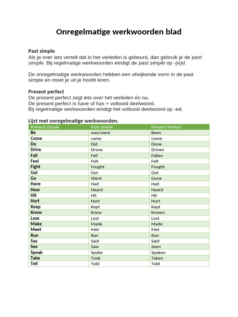Leerblad Onregelmatige Werkwoorden 2 | PDF