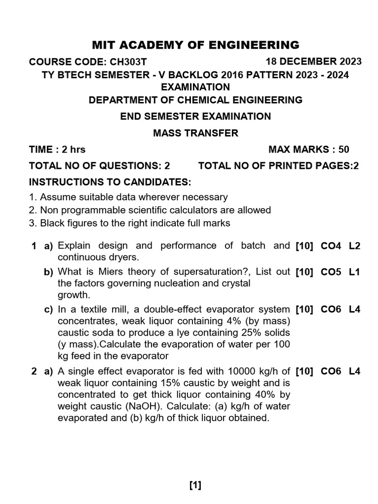 TY Btech - CH - Mass Transfer - SEM-V - DEC 2023 | PDF