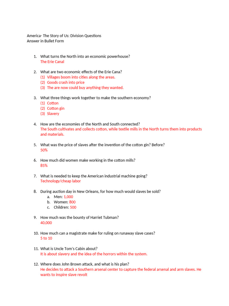 America The Story of Us Division Questions (Complete) | PDF