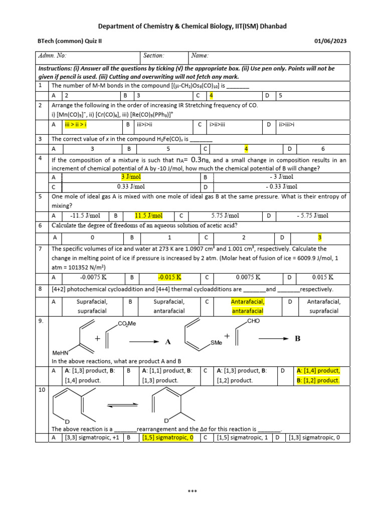 QuizII Solution F | PDF | Chemistry | Thermodynamics