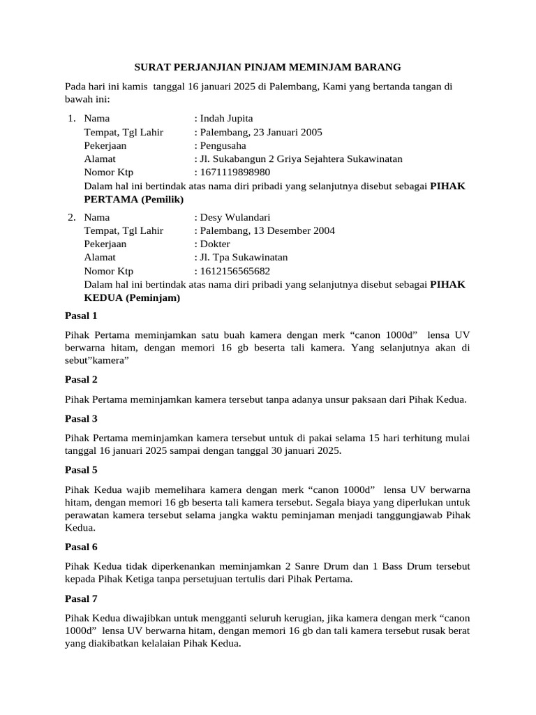 Surat Perjanjian Pinjam Meminjam Barang | PDF