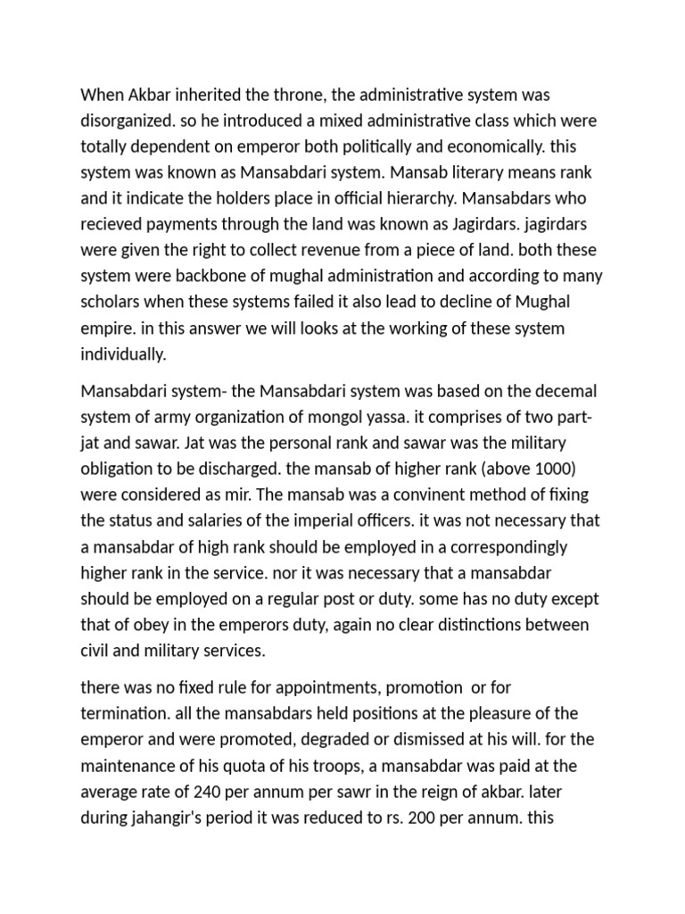 Mughal Mansabdari and Jagirdari Systems | PDF