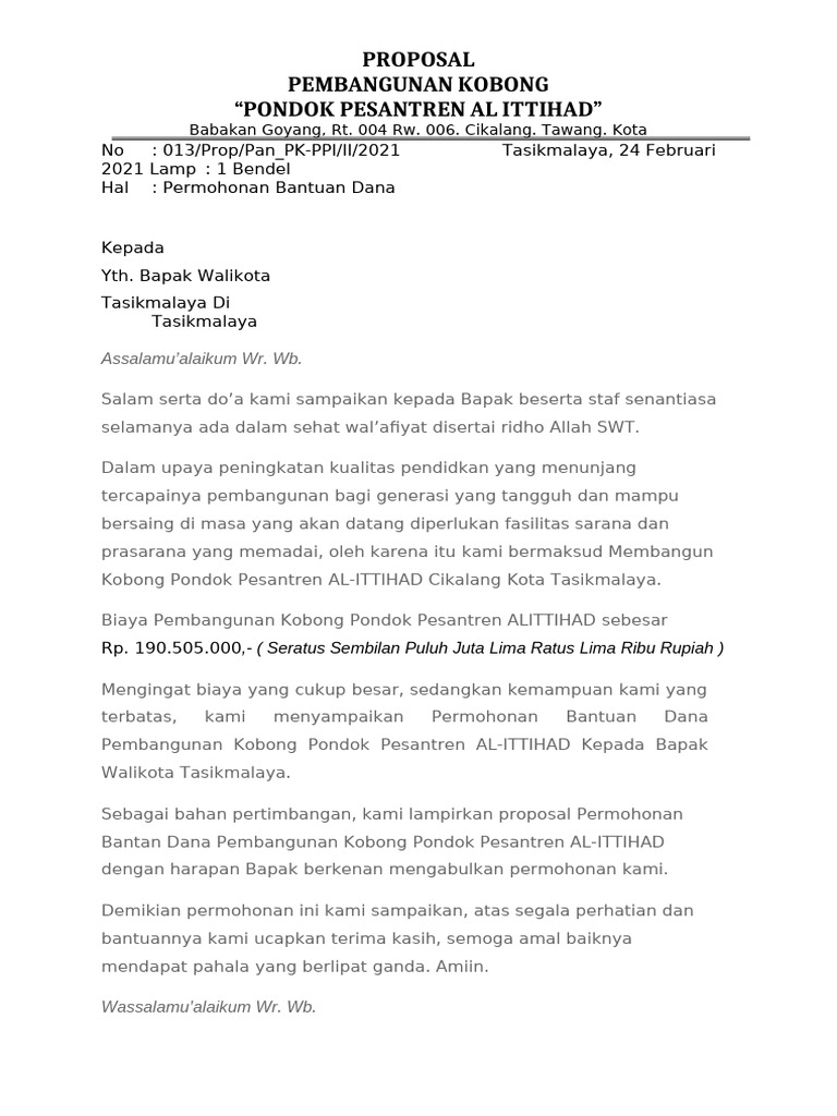 Proposal Pembangunan Kobong Pesantren | PDF