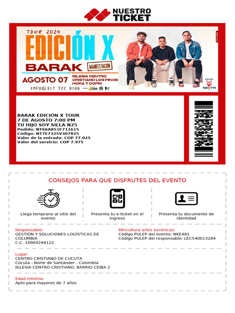 Nuestro Ticket (Barak Edición x Tour - 7 de Agosto 7_00 Pm) | PDF