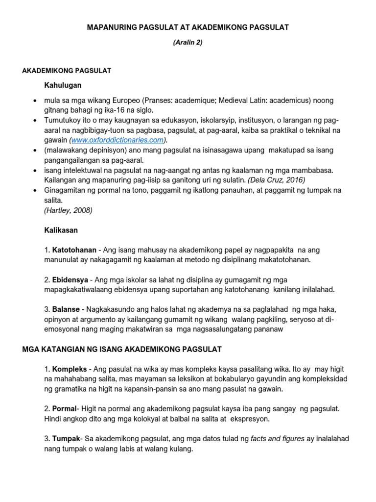 Akademikong Pagsulat Handout | PDF