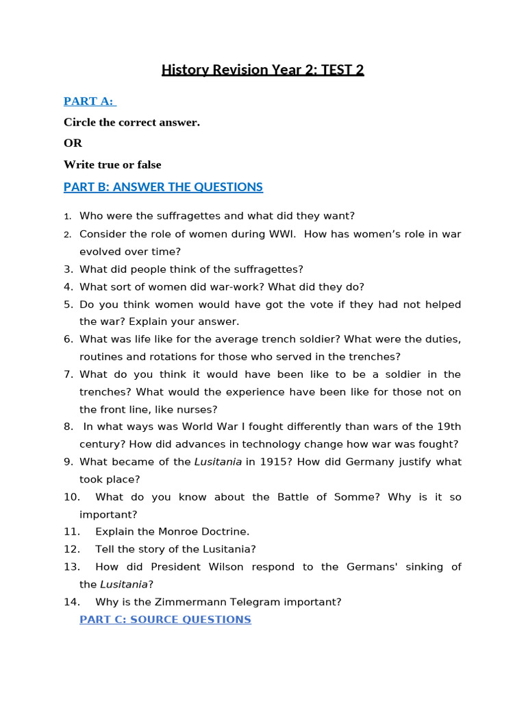 Year 2 History Revision: WWI & Suffragettes | PDF