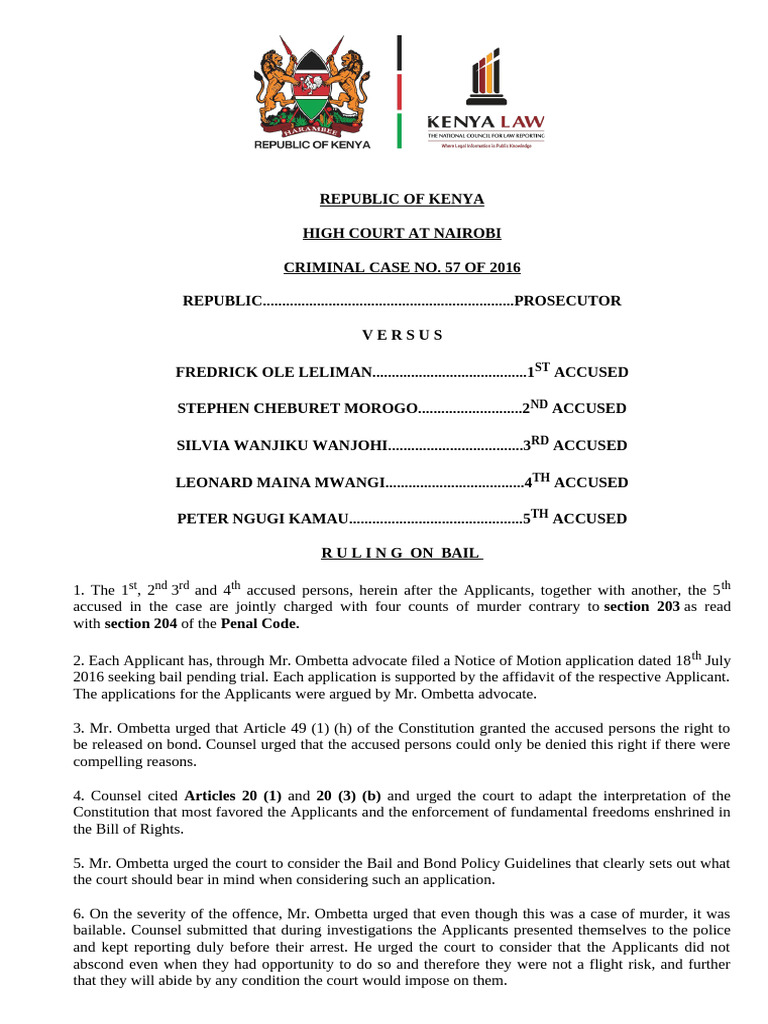 Republic V Fredrick Ole Leliman 4 Others 2016 eKLR | PDF | Bail | Public Law