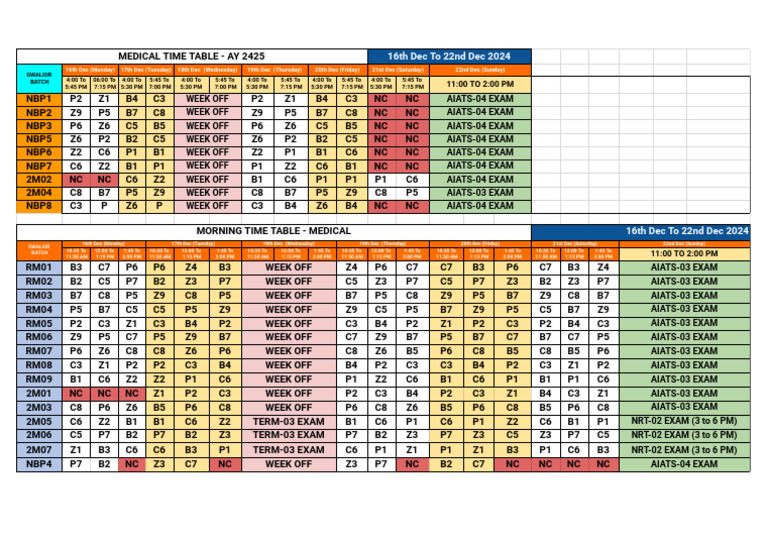 TimeTable - Medical - 16 To 22 Dec | PDF