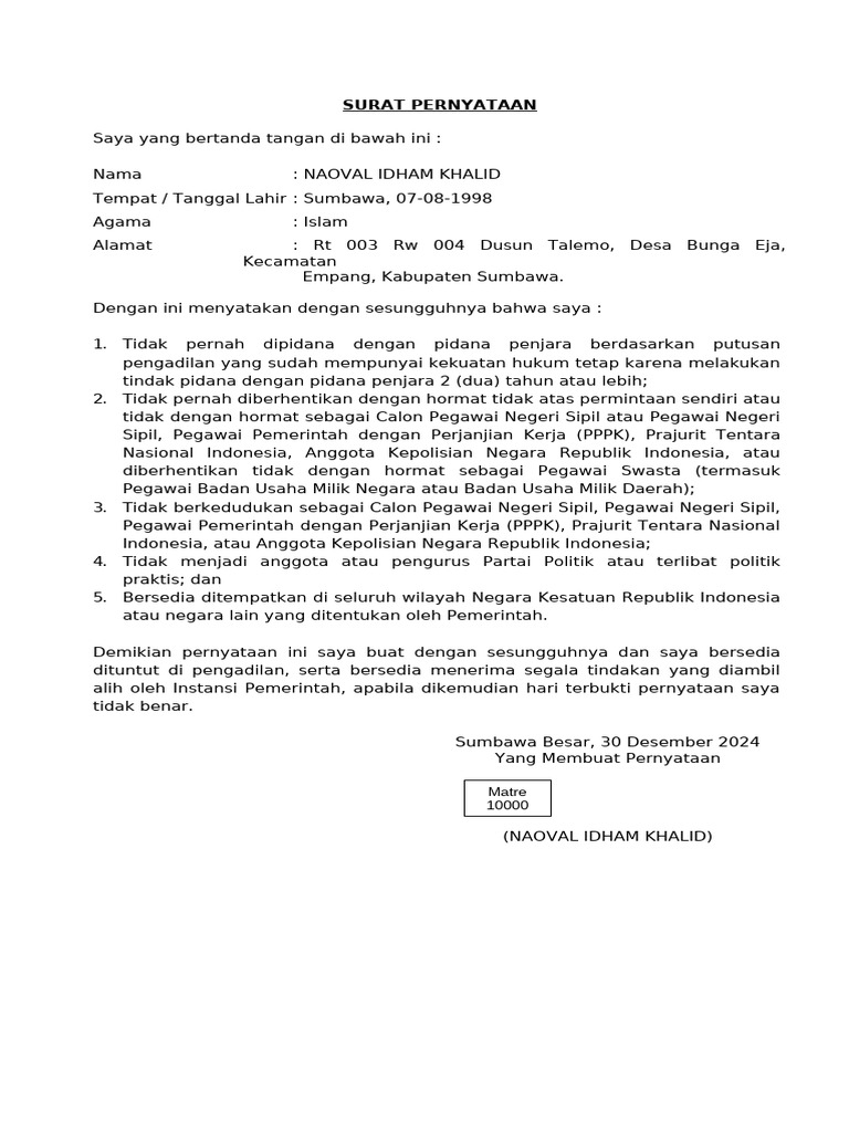 Surat PERNYATAAN HERI | PDF