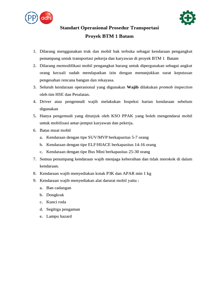 SOP Transportasi Proyek BTM 1 | PDF