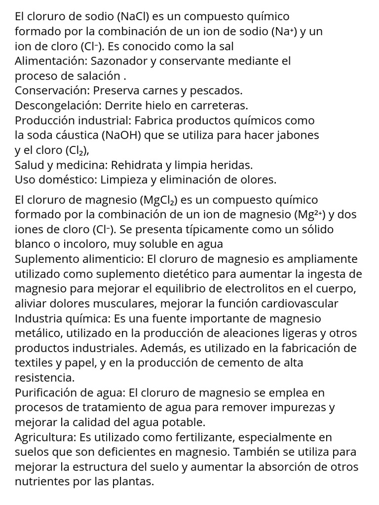 Cloruro de sodio: Compuesto y usos | PDF