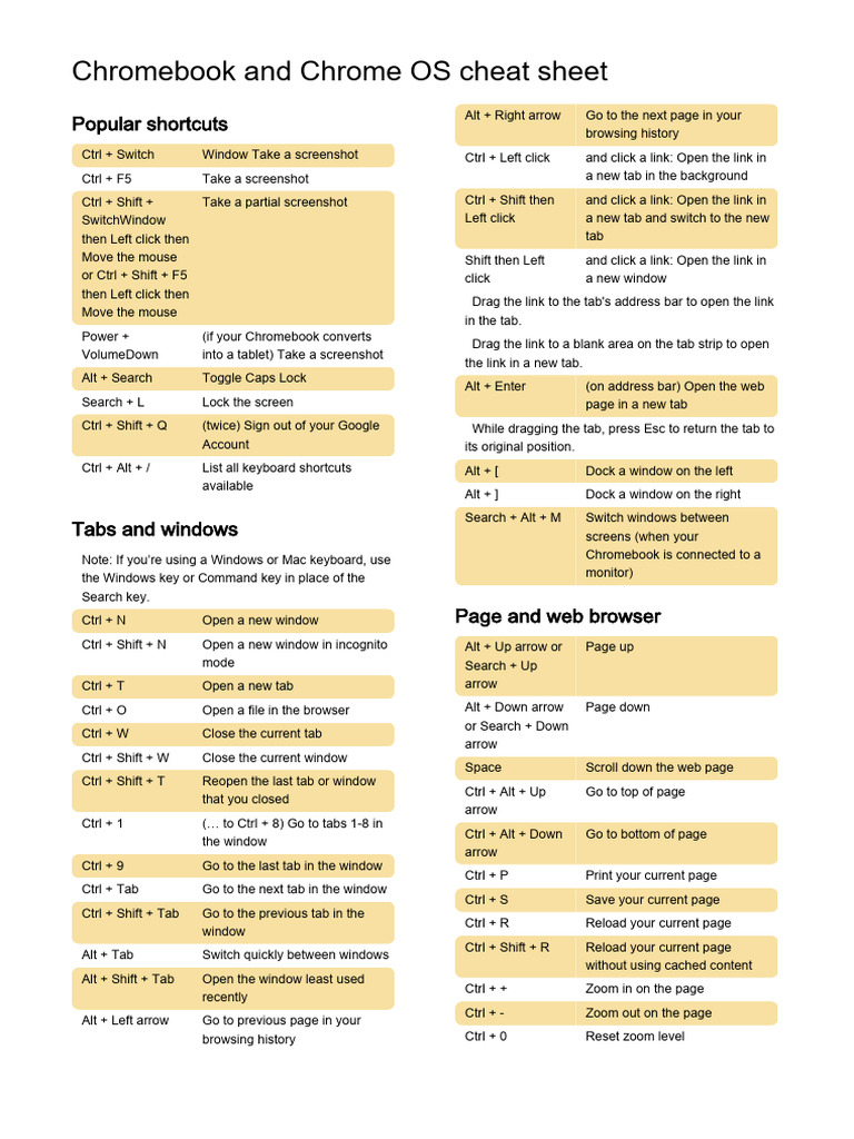 Chromebook Shortcuts Cheat Sheet | PDF | Computer Keyboard | Control Key