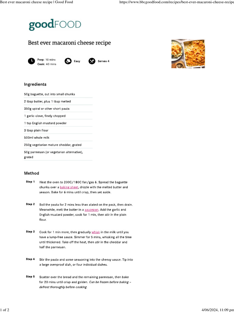 Best Ever Macaroni Cheese Recipe - Good Food | PDF