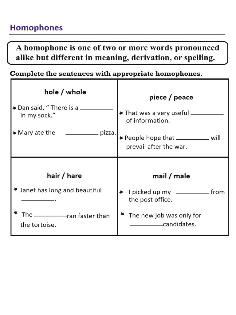 Homophone Sentence Completion Worksheet | PDF