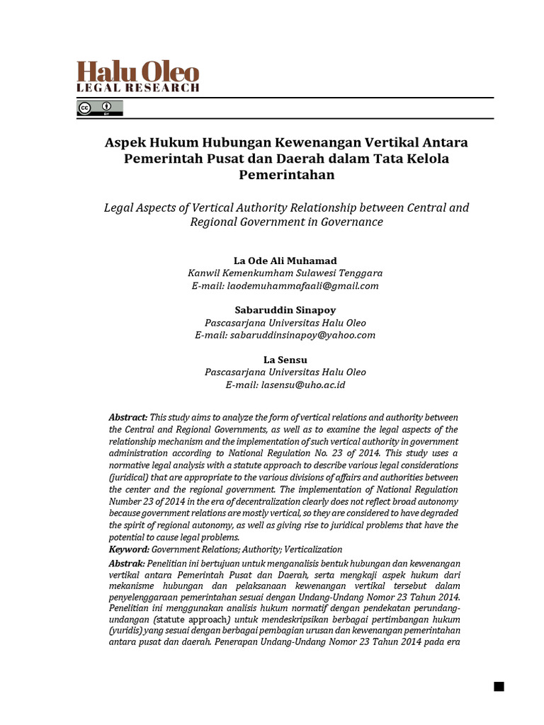 Aspek Hukum Hubungan Kewenangan Vertikal Antara Pemerintah Pusat Dan ...