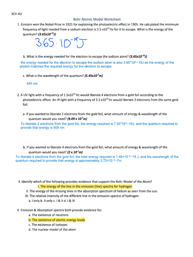 Bohr Atomic Model Worksheet | PDF